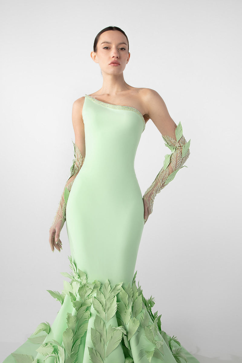 Light Mint Mermaid Gown with Laser-Cut Taffeta Feathers – Gattinolli by ...
