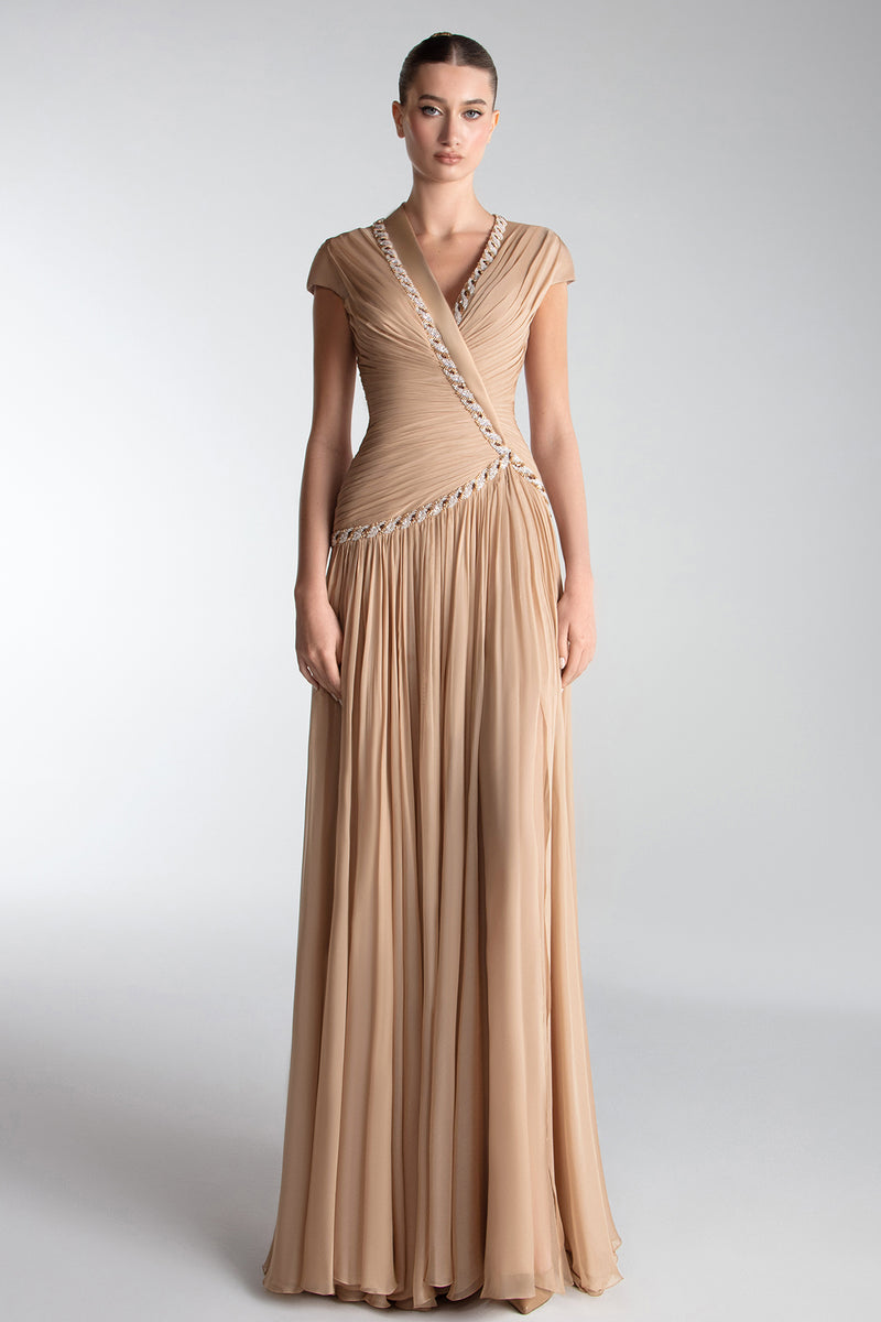 Draped Chiffon Gown With Embellished Borders – Gattinolli by Marwan